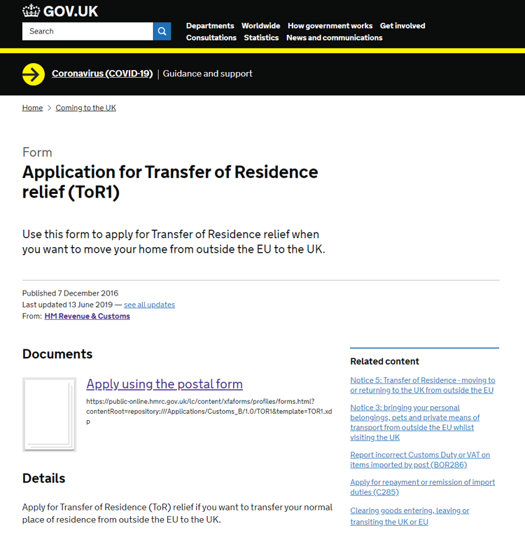 UK: Apply for Transfer of Residence (ToR)
